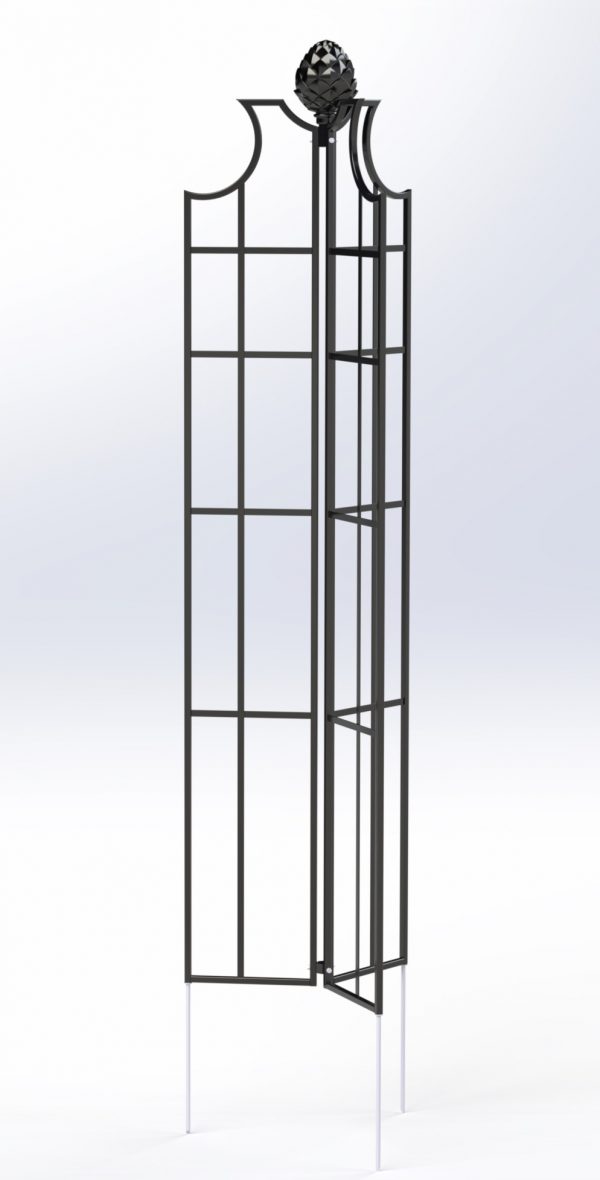 Exquisitely designed tripterous Metal Rose Obelisk. Unique pine cone finial